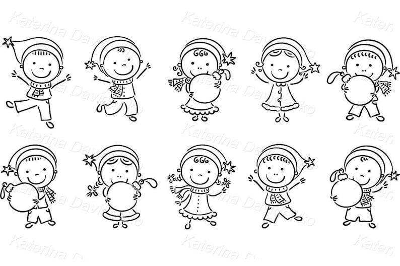 Christmas Kids Clipart. Set of Cartoon Kids in Santa Hats and With ...