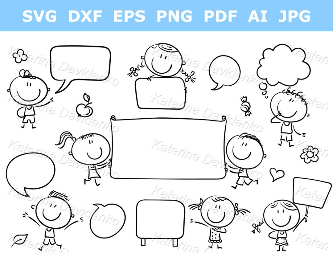 Cartoon Kids With Banner, Line Art, Outline Kids Speech Bubbles Clipart ...