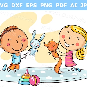 Happy Cartoon Kindergarten Kids Playing With Toys on the Carpet. Doodle ...