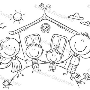 Doodle Cartoon Family Clipart. Happy Parents With Two Kids Near Their ...
