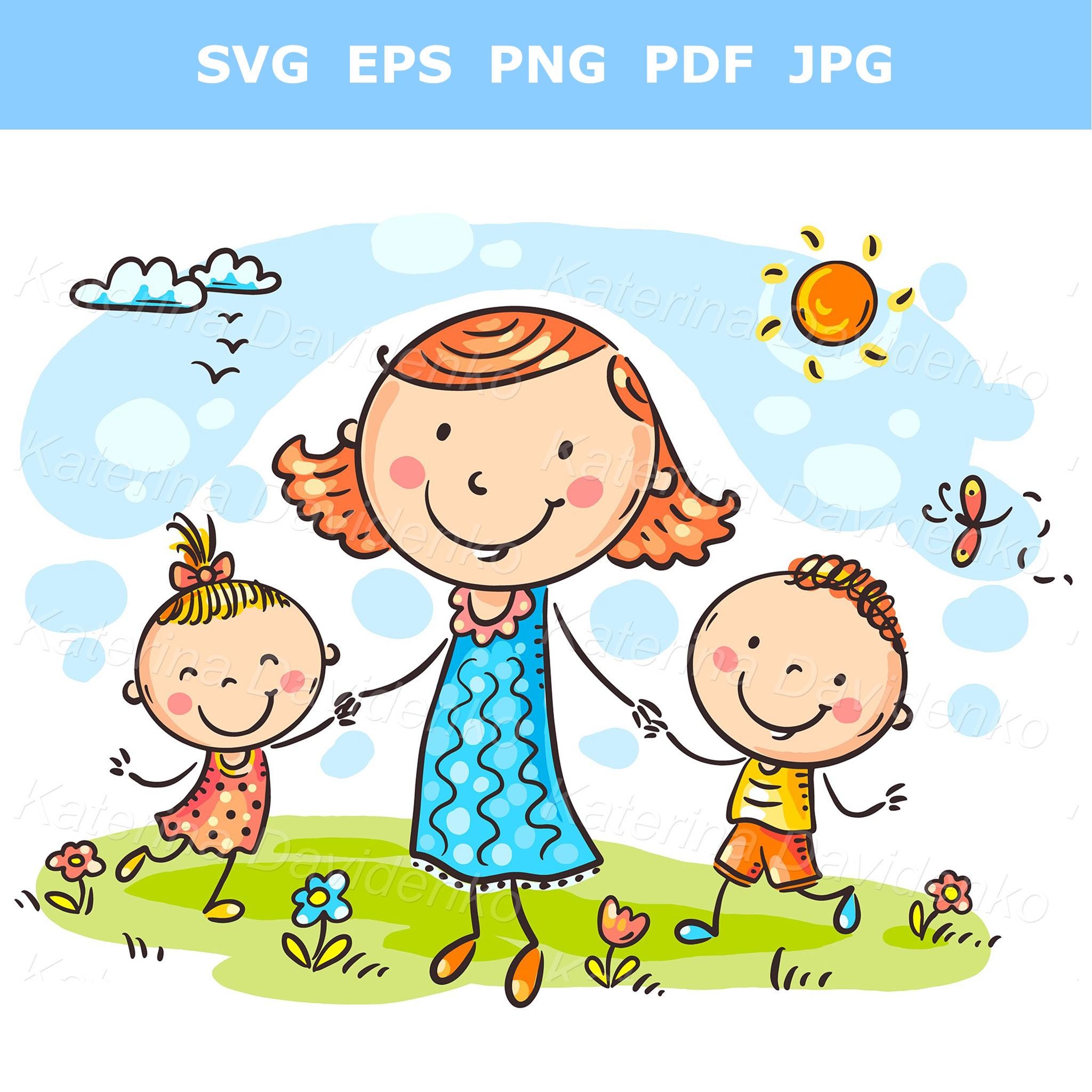 Mother With Children Clipart. Cartoon Mom Playing With Kids, Happy ...