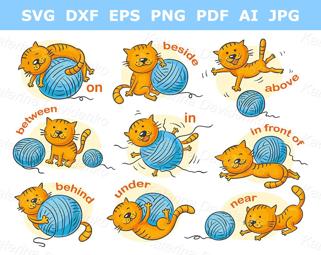 Education Clipart Cute Cartoon Cat Prepositions of Place Learning ...