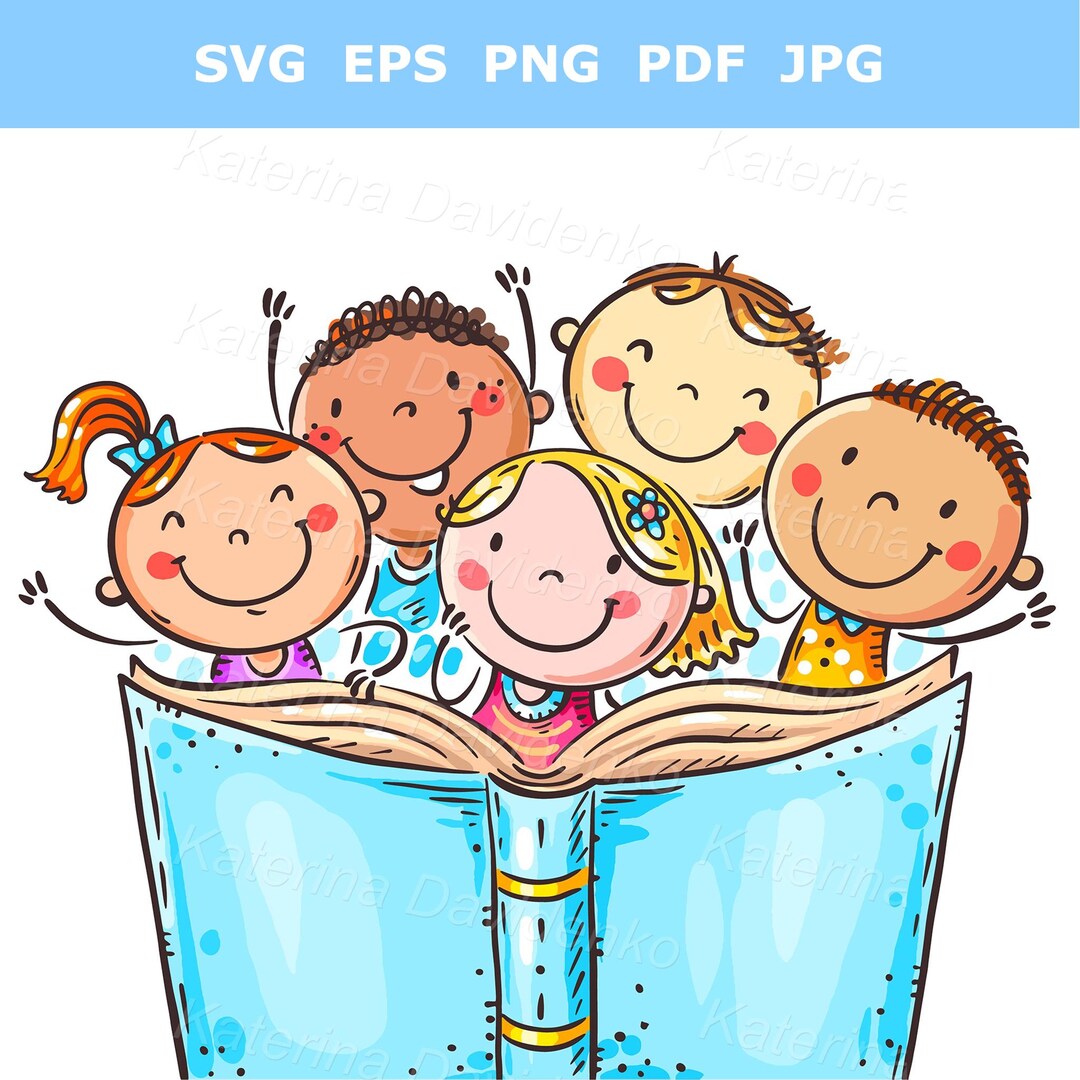 Group of Happy Diverse Children Reading a Book Together. Educational ...
