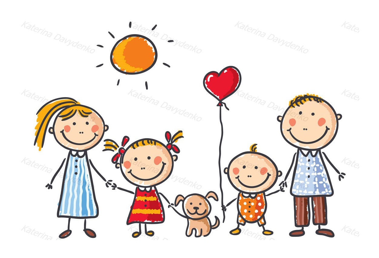 Gelukkig gezin met twee kinderen en een puppy. Familie clipart | Etsy