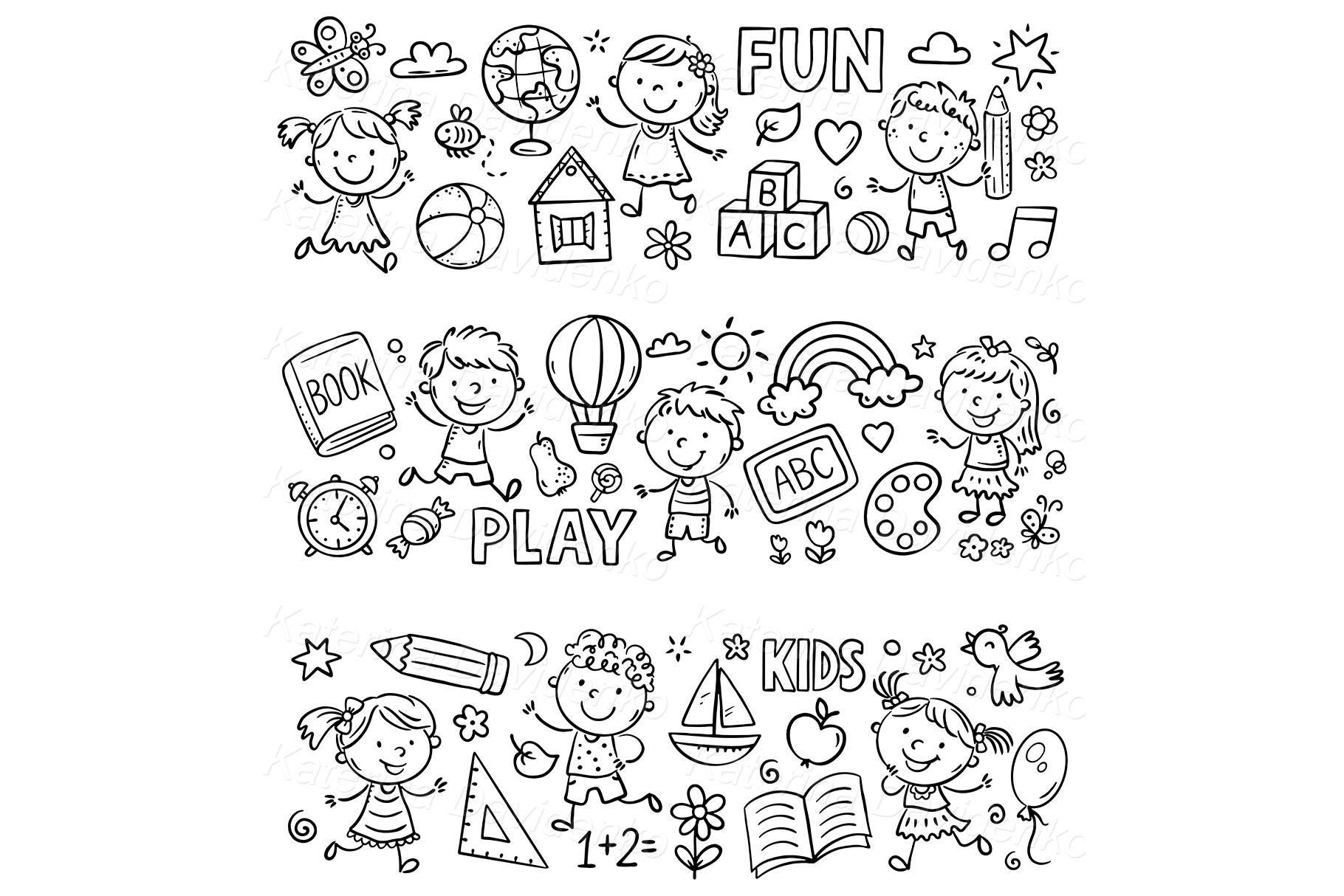 Set of Cartoon Doodle Kids Borders Clipart. Fun School and Playtime ...