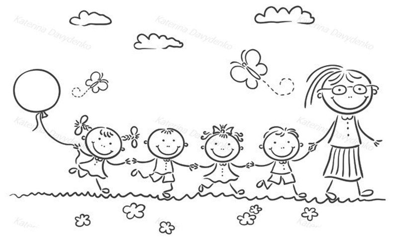Teacher With Kids Vector Clipart. Cute Cartoon Children Holding Hands ...