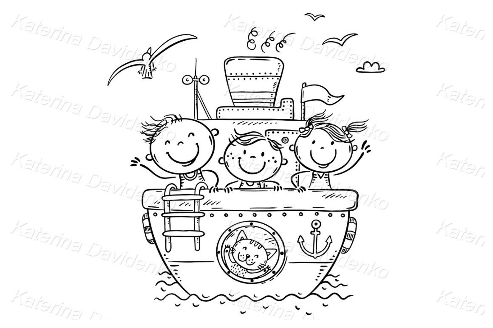 Cartoon Doodle Happy Kids on a Cruise Ship Clipart Hand - Etsy