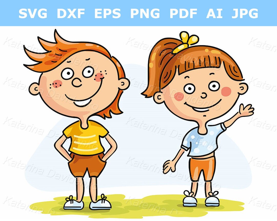 Happy Cartoon Kids Clipart, Smiling Boy and Girl, Standing Children ...