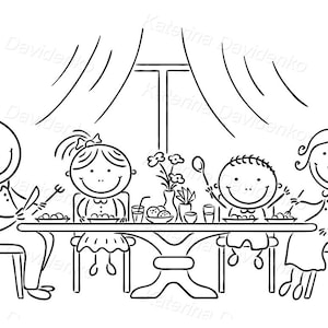 Cartoon Doodle Family Having Meal Together Image Clipart Illustration ...