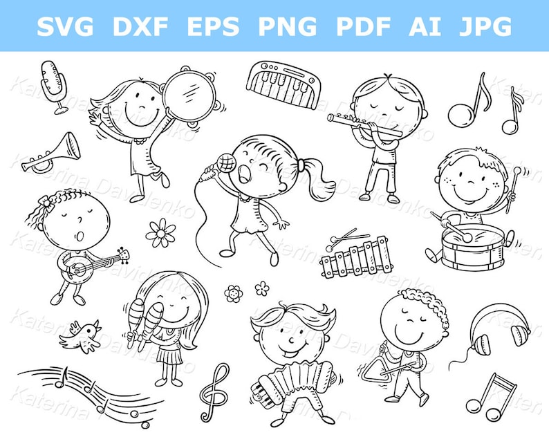 Kids With Different Musical Instruments - Black White Clipart Set ...
