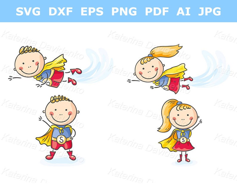 Kids Superhero Vector Clipart. Cute Cartoon Boy and Girl Hero. Super ...