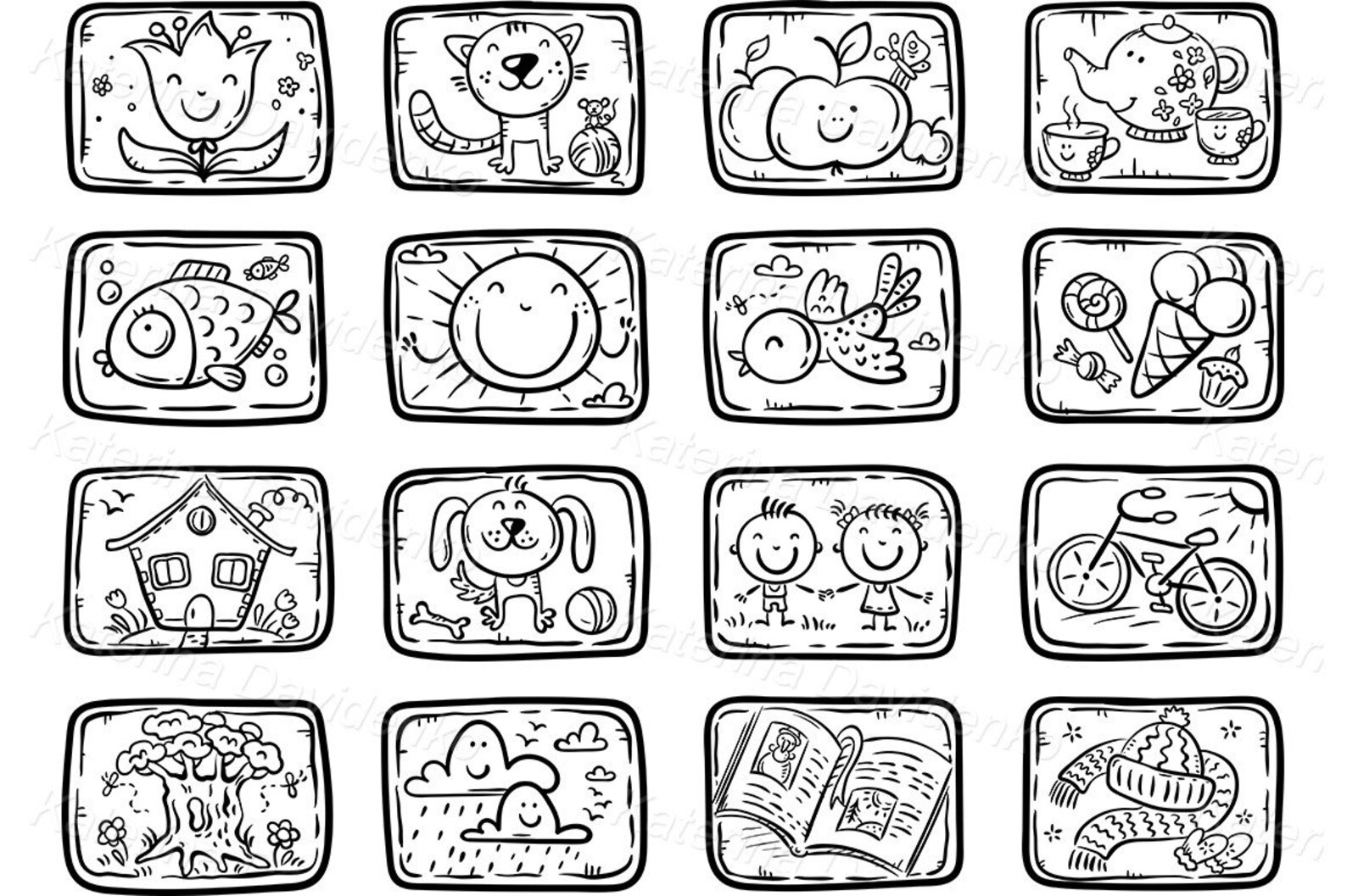 Colorful Cartoon Cards With Different Objects and Animals for Some Game ...