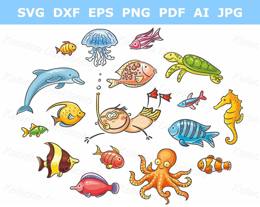 Set of Cartoon Sea Animals Clipart. Marine Life PNG Clipart. Ocean ...