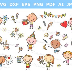 Happy Cartoon Kids Birthday Party Clipart Set. Children Vector ...