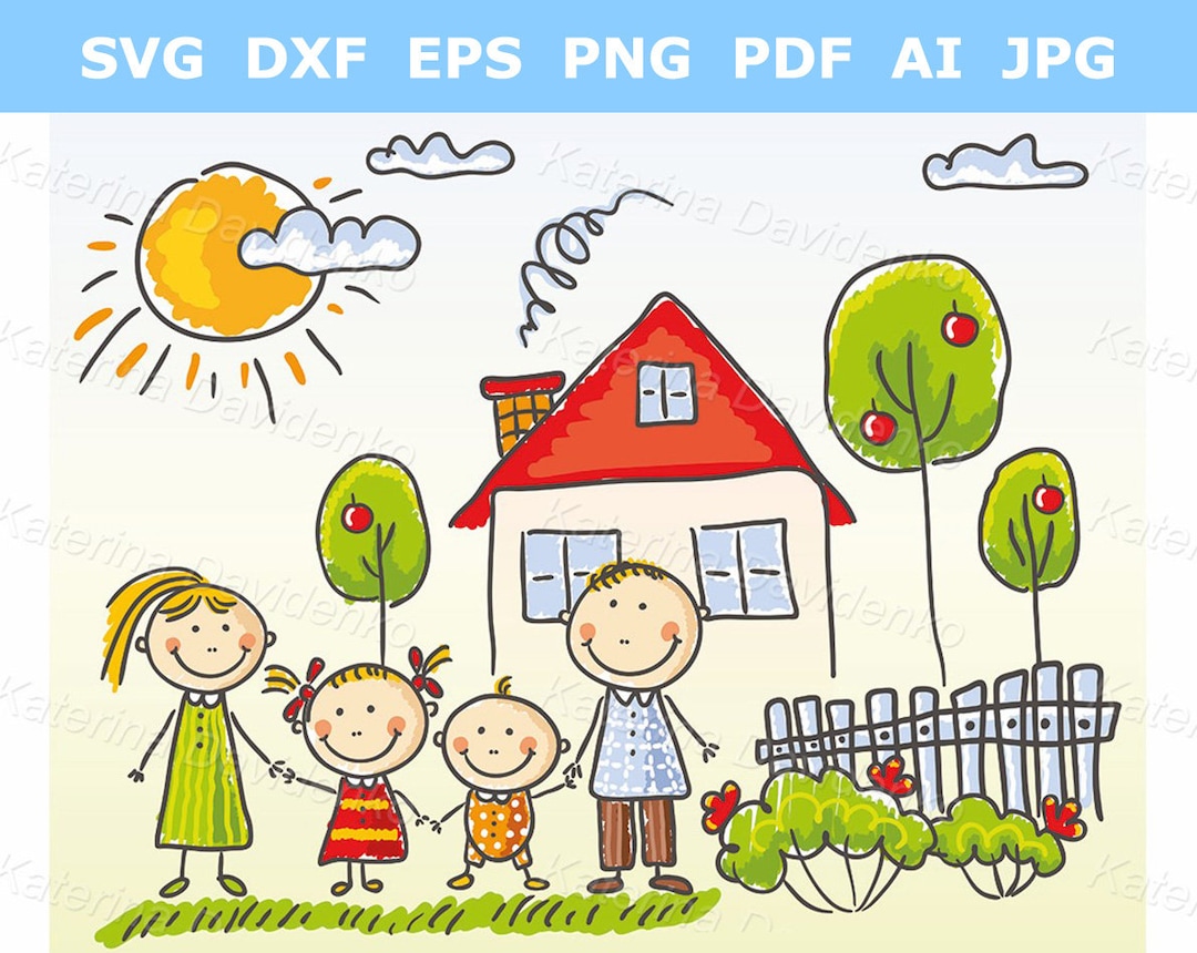 Cartoon Doodle Family Clipart. Parents With Children Standing Together ...