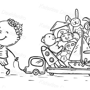 Happy Cartoon Kids Clipart. Little Boy With a Lot of Toys on Truck ...