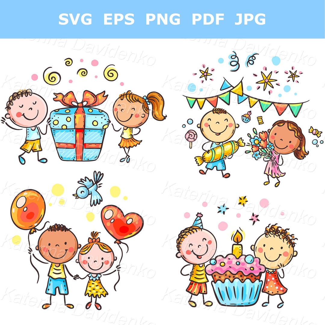 Funny Kids Birthday Party Clipart Set. Premium Cartoon Illustration for ...