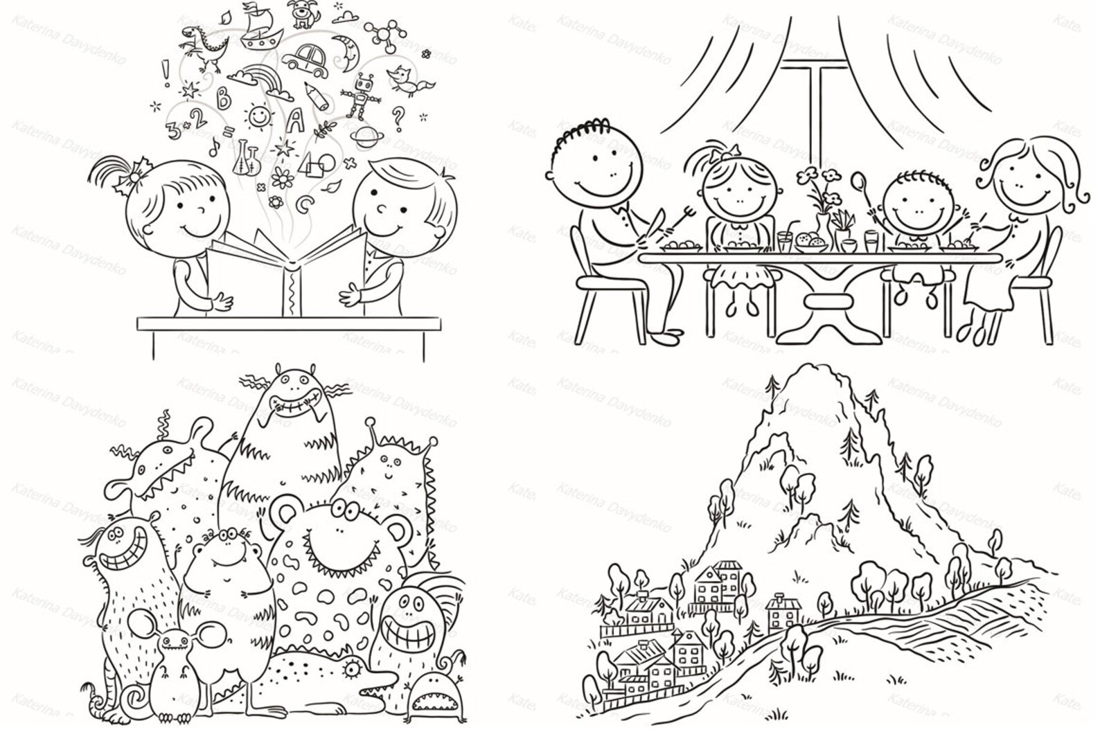 Black and White Cartoon Kids Clipart. Stick Figure, Doodle Kids Bundle ...