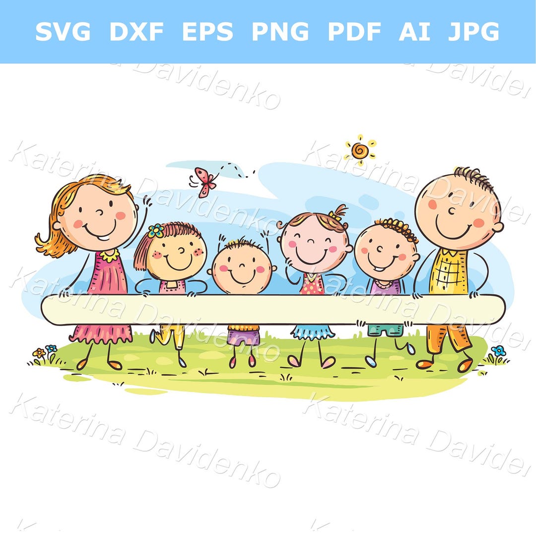 Happy Family With Kids Holding Blank Banner. Cartoon Family Vector ...