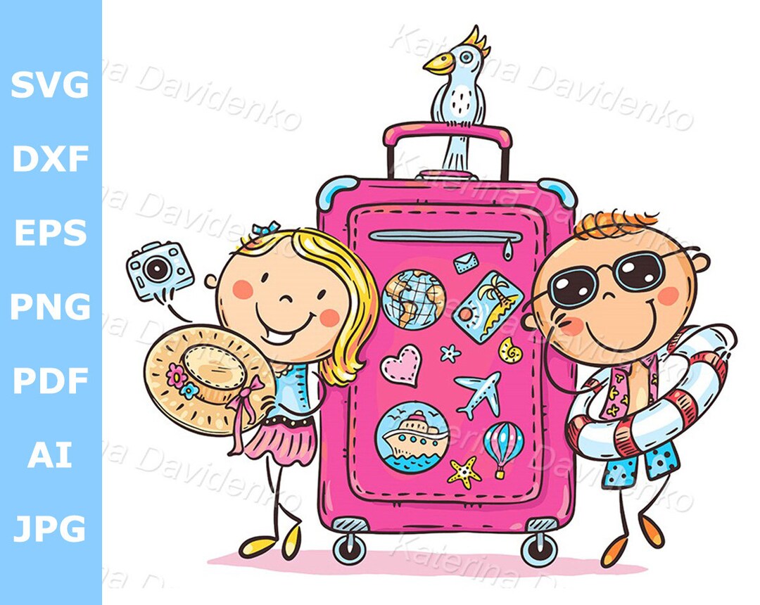 Cartoon Kids Traveling Clipart Illustration of Happy Kids With Suitcase ...