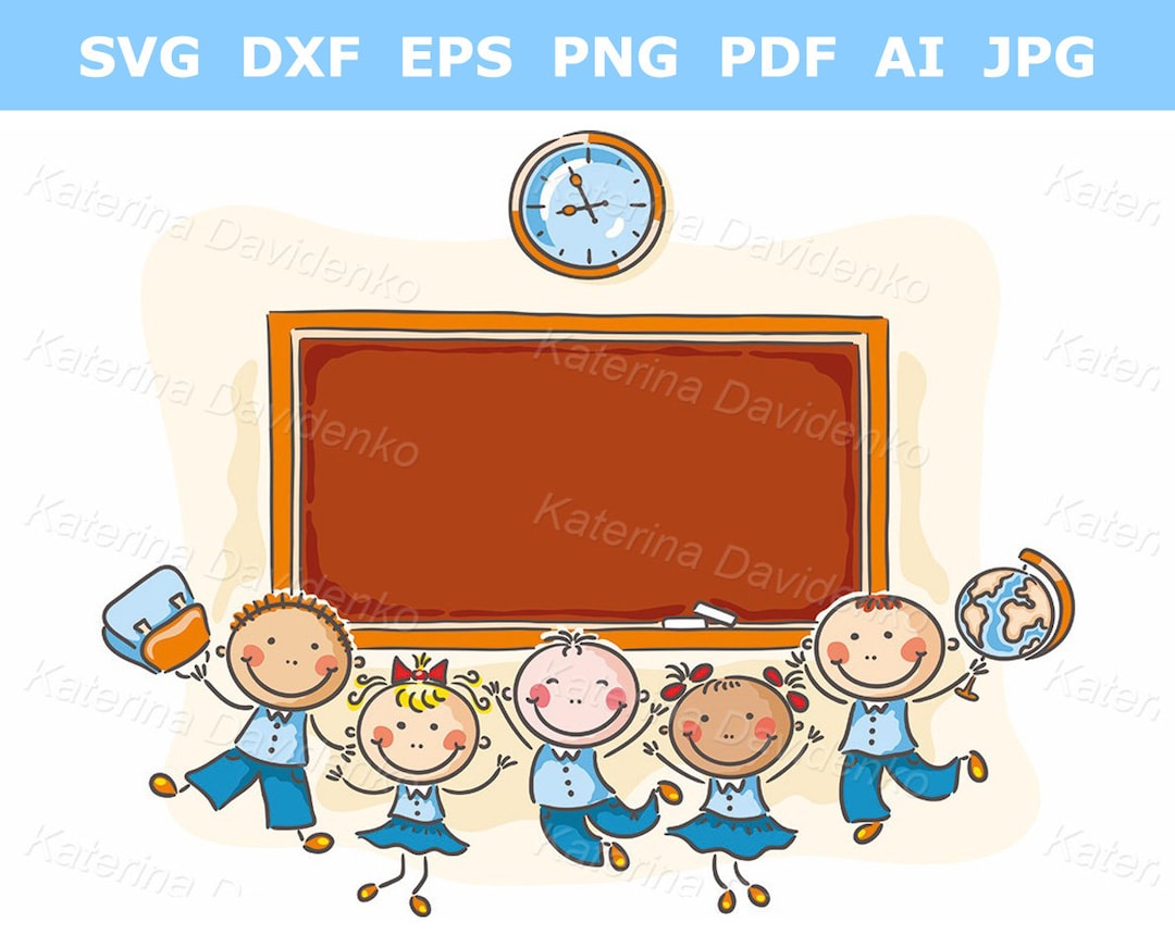 Back to School Clipart. Happy School Kids With a Blackboard With a Copy ...