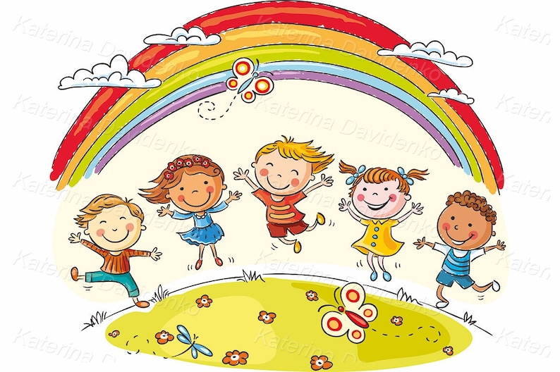 Happy Children Jumping With Joy Cartoon Kids With Rainbow - Etsy
