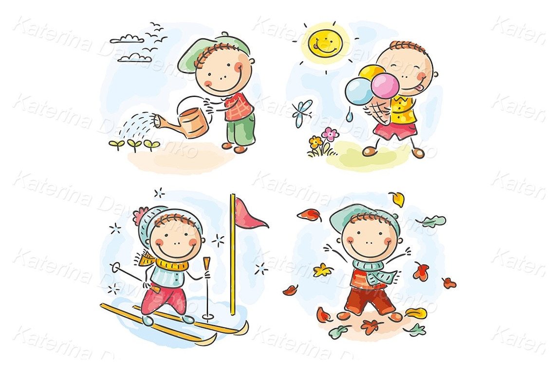 Season Weather Clipart Set. Cartoon Doodle Boy Activities During the ...