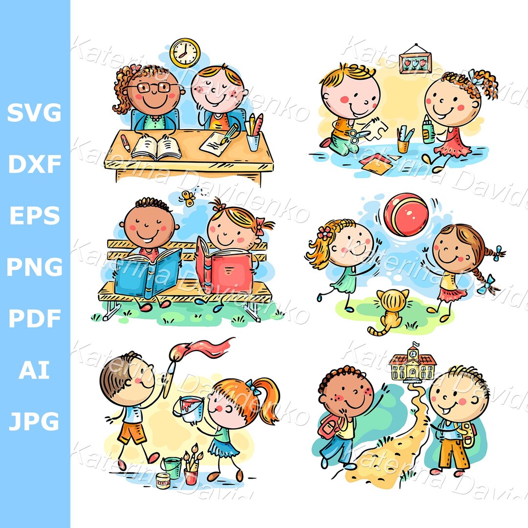 Set of Cartoon Two Kids Communication and Common Activities Clipart ...