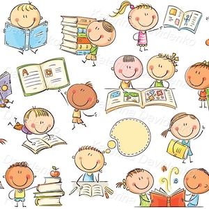Cartoon Doodle Kids With Books Clipart Set. Children Vector ...