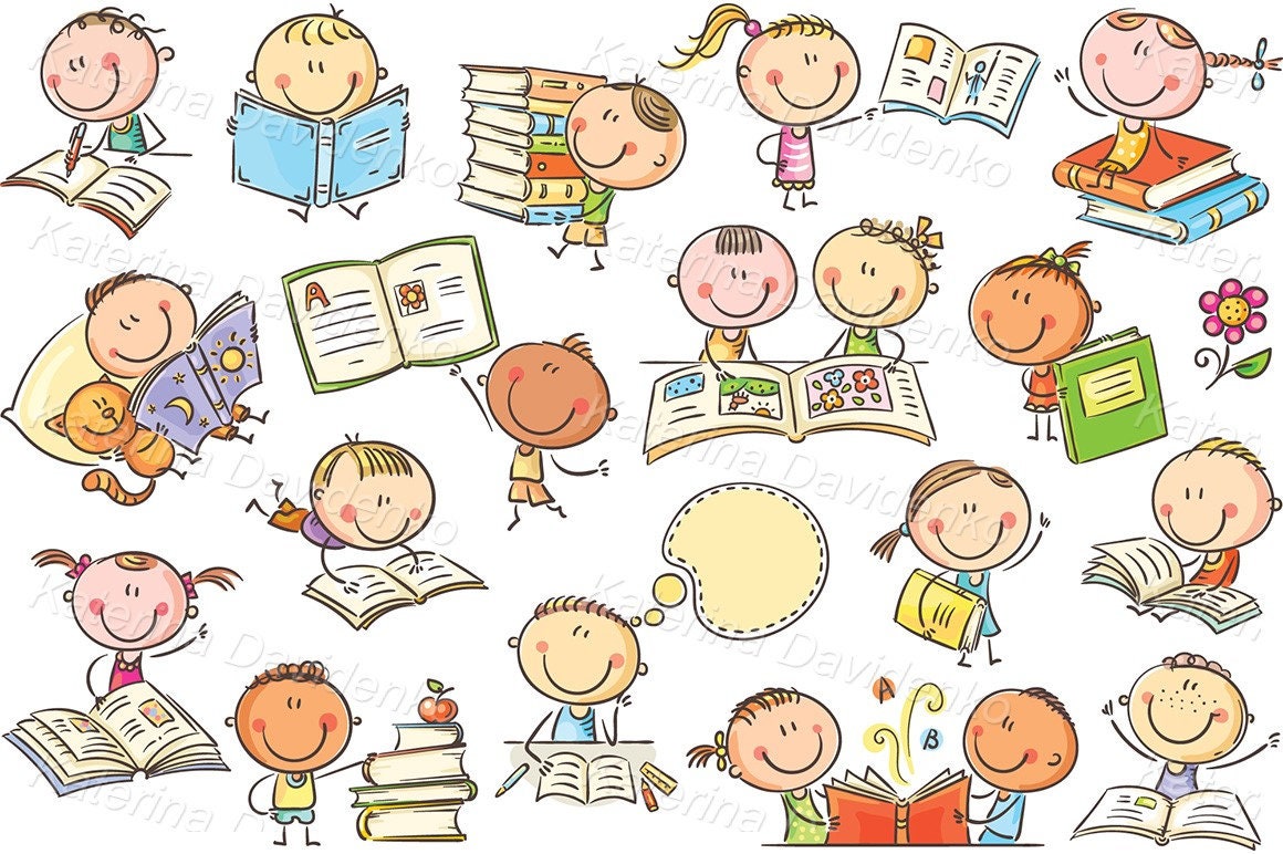 Cartoon Doodle Kids With Books Clipart Set. Children Vector ...