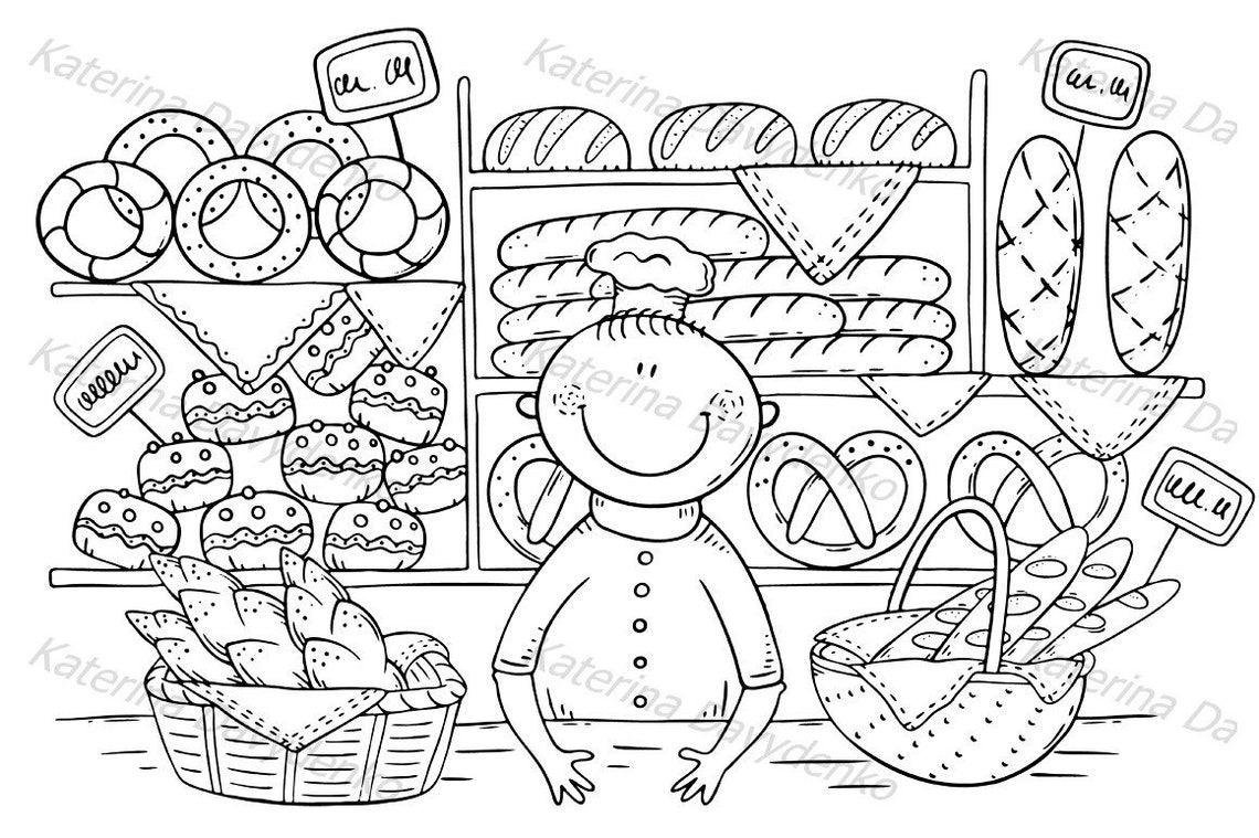 Cartoon Baker Selling Bread and Buns at the Bakery Clipart - Etsy
