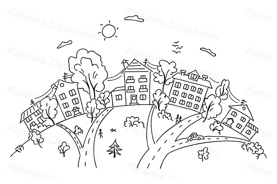 Cartoon Town of a Few Streets and Main Buildings on the Hill. City ...