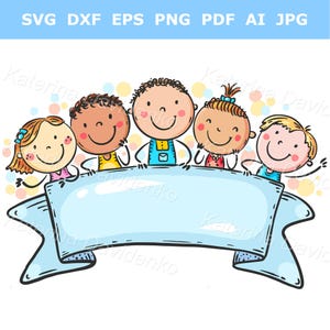 Happy Cartoon Kids Holding Ribbon. Doodle Kids Clipart. Multiethnic ...