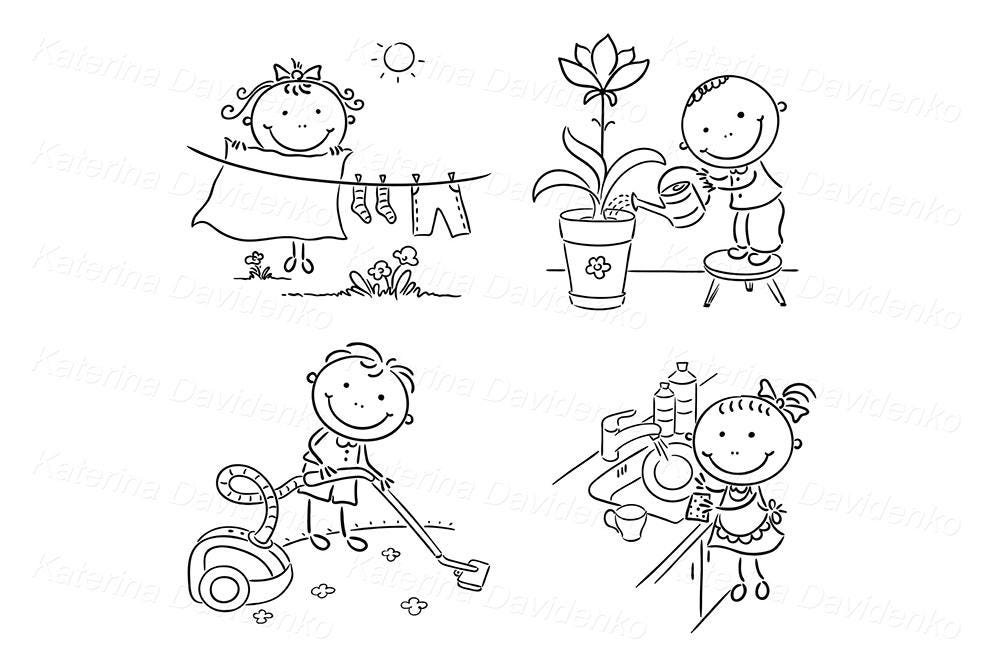 Happy Kids Clipart Set. Doodle Cartoon Kids Helping Their Parents. Kids ...