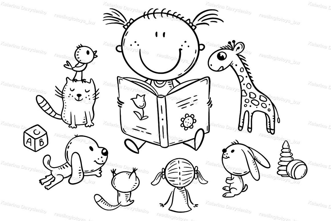 Cartoon Kid Clipart, Doodle Little Girl Reading to Toys. Child Reading ...