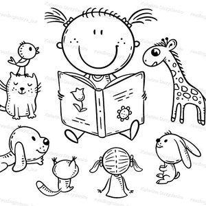 Cartoon Kid Clipart, Doodle Little Girl Reading to Toys. Child Reading ...