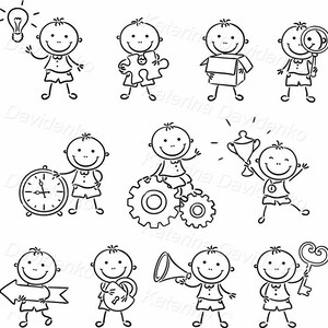 Cartoon Doodle Boys With Different Objects. Cute Little Kids Clipart ...