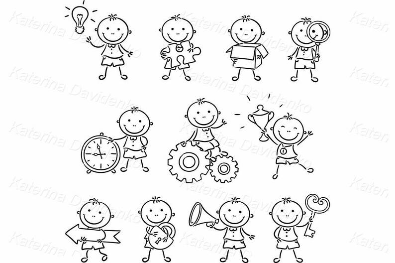 Cartoon Kids With Different Objects. Doodle Kids Clipart. Set of Kid ...
