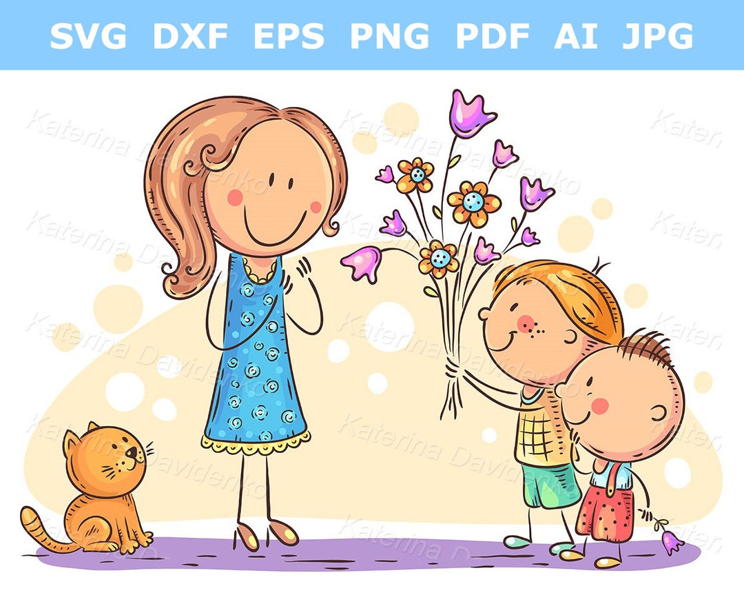 Mother Day Clipart. Cartoon Family Clipart. Kids Presenting Flowers to ...