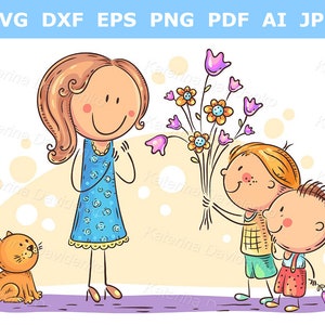Mother Day Clipart. Cartoon Family Clipart. Kids Presenting Flowers to ...
