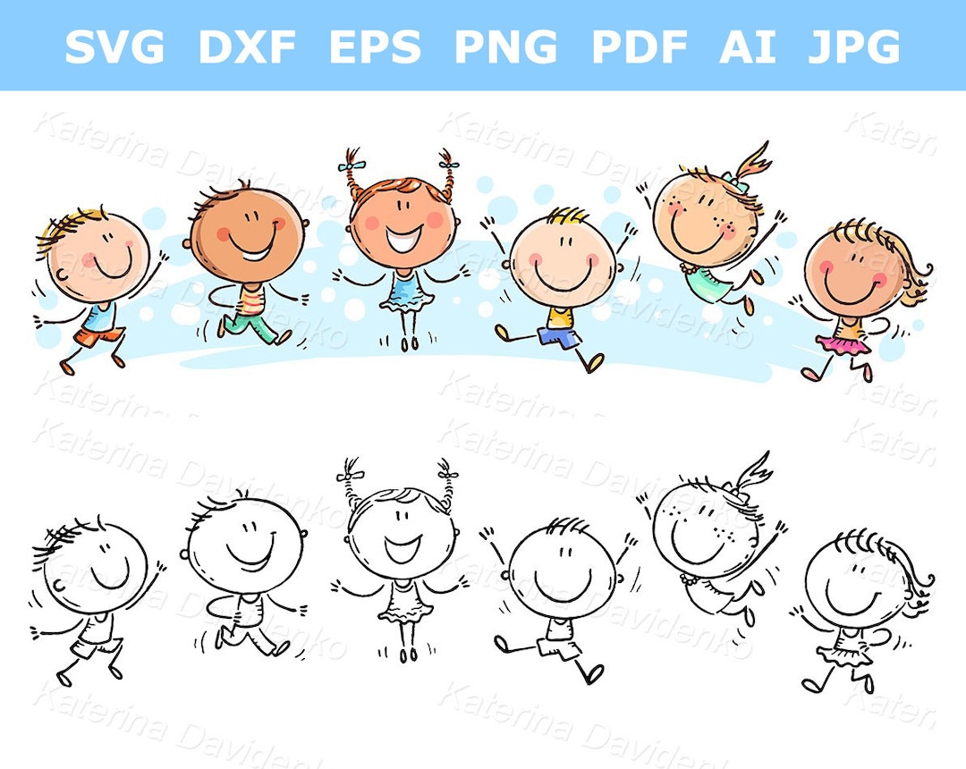 Cartoon Kids Clipart. Doodle Children in a Row. Happy Kids Jumping With ...