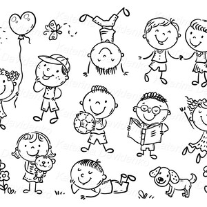 Doodle Cartoon Kids Clipart Set. Children Outdoors Activity Clipart ...