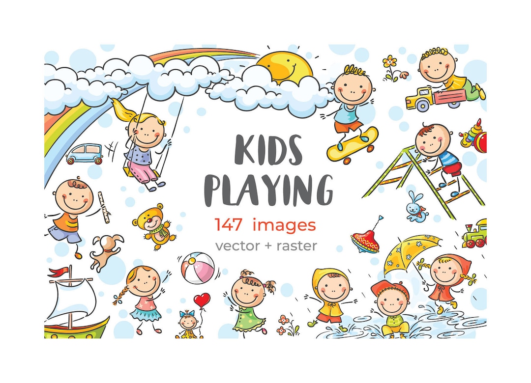 Cartoon Kids Playing Bundle, Children Clipart, Kids Outdoors Activities ...