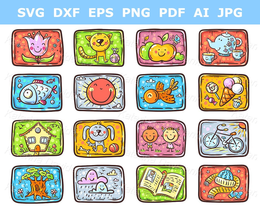 Colorful Cartoon Cards With Different Objects and Animals for Some Game ...