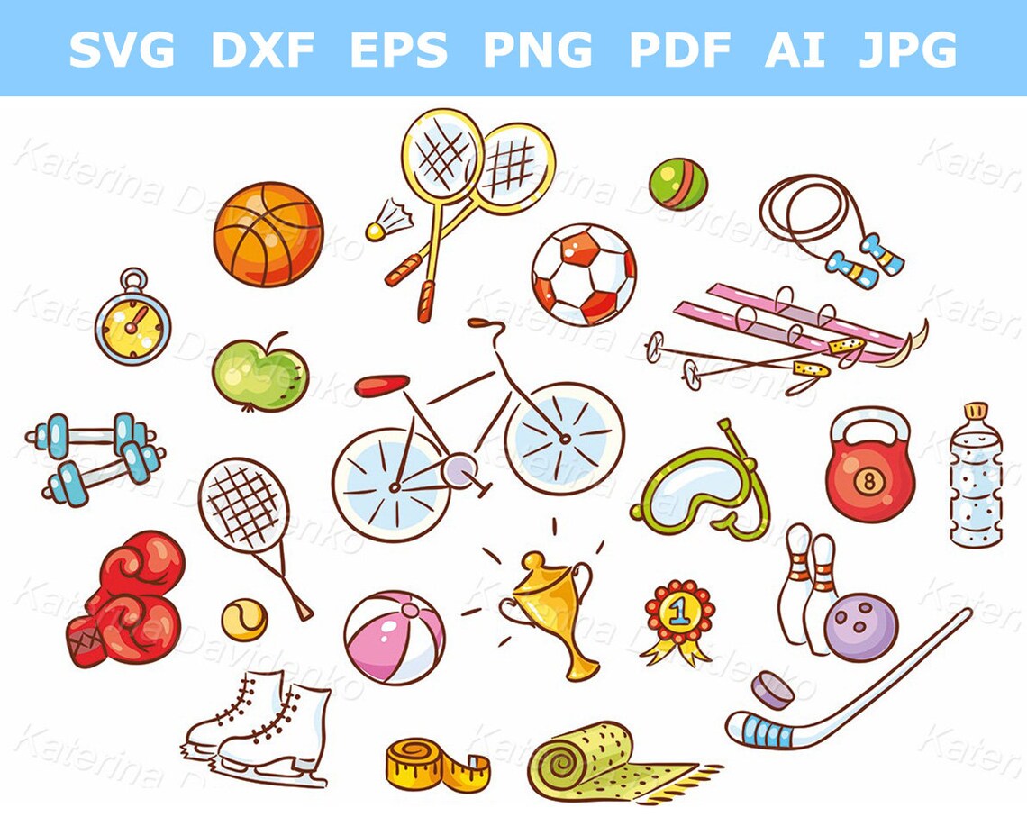 Set of Cartoon Sport Things Clipart. Vector Illustration. Hand Drawn ...
