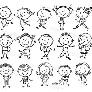 Hand Drawn Cartoon Chilren Doodle Cute Happy Kids Image Clipart Set - Etsy