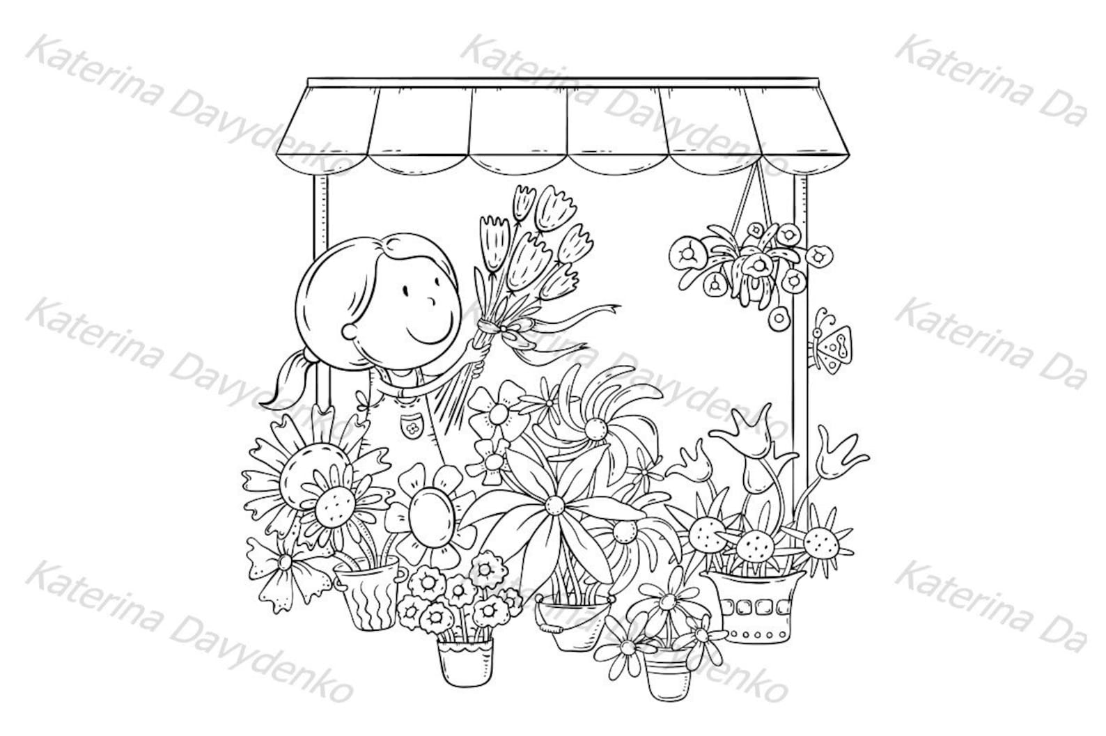 Flower Shop Clipart Flower Stand Florist Girl Selling - Etsy