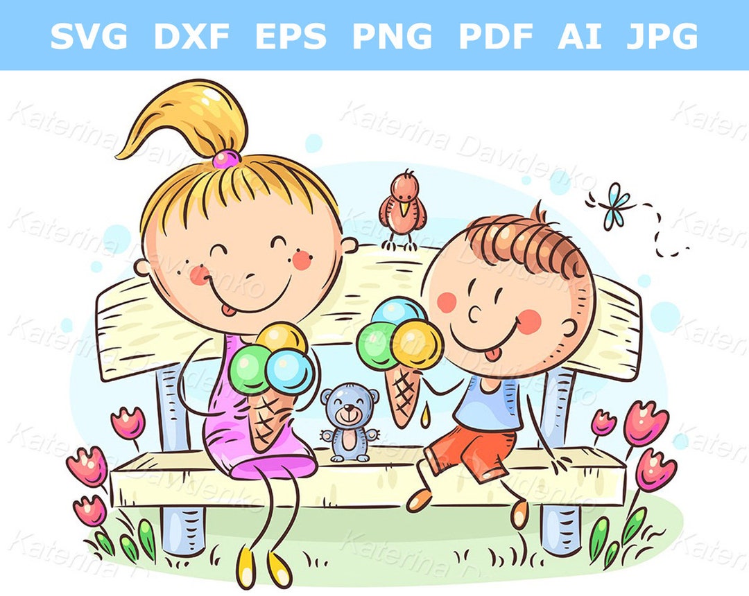 Cartoon Happy Kids Eating Ice-cream Sitting on a Bench in the Park ...