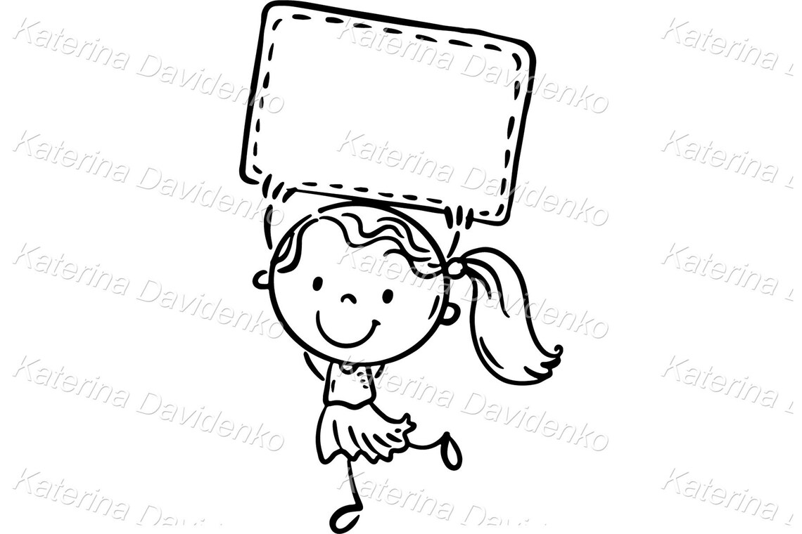 Outline Clipart Set of Cartoon Happy Kids Holding Blank Signs, Banners ...