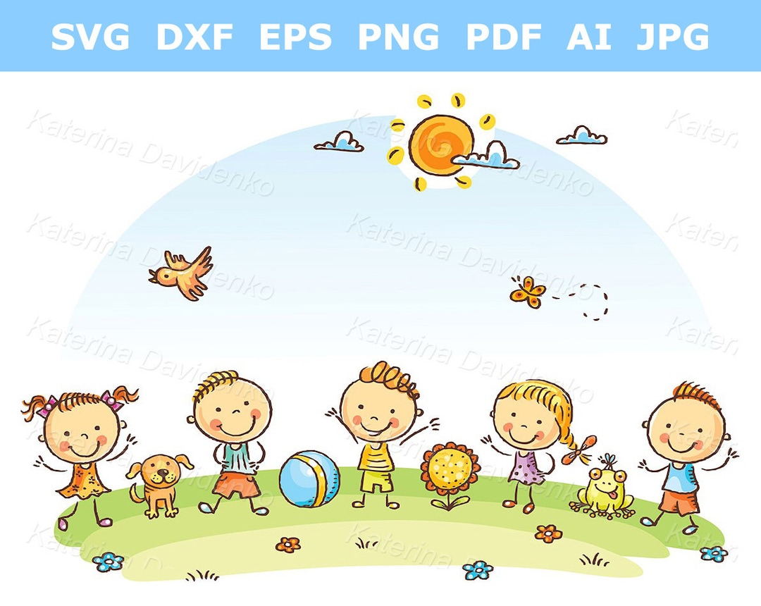 Kids Clipart. Children Standing in a Row. Cartoon Kids Playing Outdoor ...